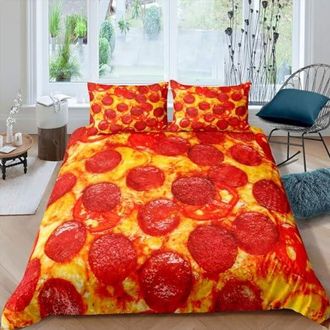 Generic Housse de Couette 90x190 Pizza Saucisse Parure de Lit 3D Imprim&eacute;e Microfibre Imprim&eacute;S Alimentaires Housse Couette 1 Personne avec Fermeture &eacute;clair + 2