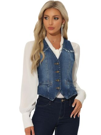 Allegra K Damen Jeansweste &Auml;rmellos Verwaschene Distressed Kragenlose Gilet Denim Jacke Dunkelblau XS