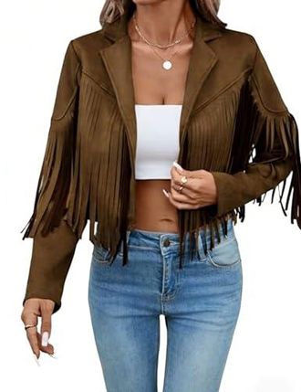 Generic Veste &agrave; franges en daim synth&eacute;tique pour femme, manteau western &agrave; pompons, manches longues, haut court boyfriend en similicuir avec pompons, marron, X