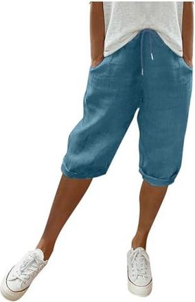 Generic Short d&eacute;t&eacute; d&eacute;contract&eacute; en Coton et Lin avec Cordon de Serrage &agrave; la Taille et Poches pour Femme Longueur Genou V&ecirc;tement de d&eacute;tente Taille Haute