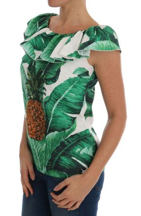 Dolce & Gabbana Womens Pineapple Banana Sequins Blouse T-Shirt Green Cotton