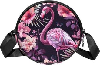 Generic Sac &agrave; bandouli&egrave;re circulaire pour femme, motif flamant rose, petit sac &agrave; bandouli&egrave;re avec fermeture &eacute;clair, bretelles r&eacute;glables, sac &agrave; main rond d&eacute;con