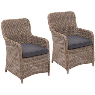 Hhg 2er-Set Poly-Rattan Stuhl HHG-084, Rattanstuhl Gartenstuhl Korbsessel, Spun Poly halbrundes Rattan MVG beige Kissen grau