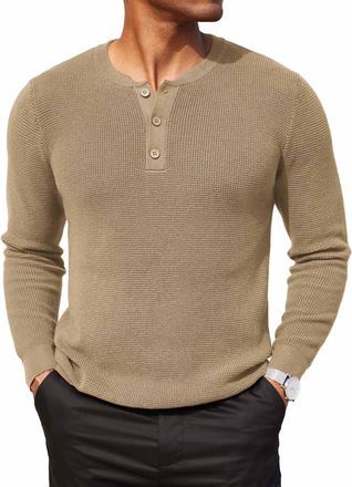 Coofandy Herren Henley Pullover Strickpullover Winterpullover mit Knöpfe Sweater Grobstrickpullover Waffel Pulli Khaki M