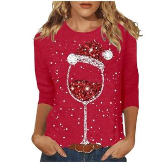 Generico Chemisier de Noël amusant pour femme, t-shirt à col rond, manches 3/4, sweat oversized pull de travail mignon t-shirt de Noël pour femme, rouge, 5XL