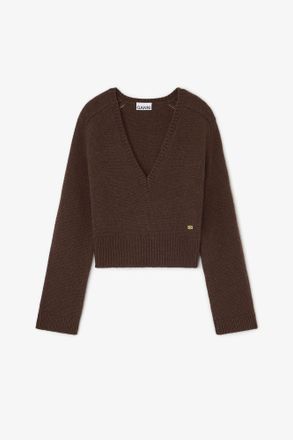 Ganni Pull marron &agrave; col en V Laine - Taille L - Pour Femme