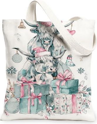Generic Sacs fourre-tout en toile de vache de vacances, joli motif de No&euml;l, sacs de courses r&eacute;utilisables, rustiques, l&eacute;gers, lavables &agrave; l&eacute;paule, blanc, 13x15