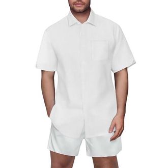 Generic T-shirt en lin blanc pour homme - Chemise en lin &agrave; manches courtes - Chemise en coton boutonn&eacute;e - Coupe ajust&eacute;e - Pour homme, blanc, 4XL