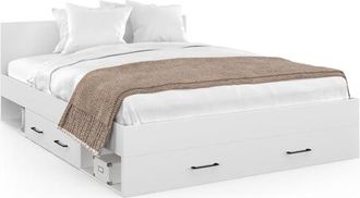 IDMarket Lit Double MINEA avec tiroirs + niches de Rangement + t&ecirc;te de lit et sommier 140 x 190 cm Blanc