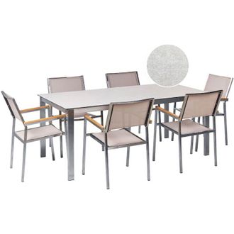 Beliani Gartenm&ouml;bel Set 6-Sitzer COSOLETO/GROSSETO Sicherheitsglas Marmor Optik Wei&szlig; / Beige