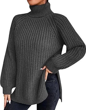 Generic Pull surdimensionné à col roulé pour femme, grande taille, pull ample en tricot chaud et doux avec fente latérale pour lautomne et lhiver à col roulé 