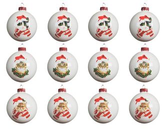 Decoris Weihnachtskugeln mit Motiven Glas 8cm x 12 St&uuml;ck Katzen Weihnachtskost&uuml;m Christbaumkugeln wei&szlig;