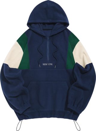 Zaful Vintage Farbblock Flauschig Polar Fleece Hoodie Herren Briefstickerei Halber Rei&szlig;verschluss Schulter absetzen Langarm Unisex Kapuzen-Sweatshirt (6-Mar