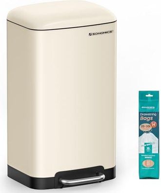 Songmics Poubelle de Cuisine, 30L, Poubelle en Acier avec P&eacute;dale, Couvercle et Seau Int&eacute;rieur, Fermeture en Douceur, Blanc Nuage LTB001A01