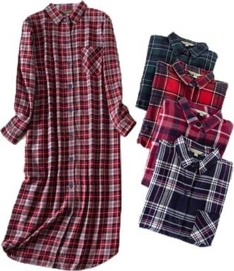 Generic Chemise de nuit pour femme &agrave; manches longues en coton avec boutonni&egrave;re - &Eacute;l&eacute;gante robe de nuit festive - Robe de nuit &agrave; carreaux avec imprim&eacute; - V&ecirc;teme