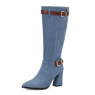 Generic Bottes montantes en denim &agrave; bout pointu et talon bloc pour femme avec sangle &agrave; boucle et fermeture &eacute;clair lat&eacute;rale, bleu clair, 40.5 EU