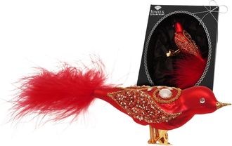 Krebs Glas Lauscha Weihnachtsdekoration/Christbaumschmuck aus Glas - Vogel exquisit auf Clip mit Feder - Farbe: Rot, Gold mit roter Feder - Gr&ouml;&szlig;e: ca. 17 cm