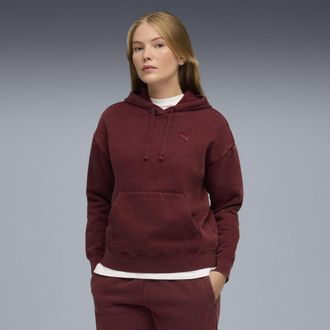 Puma Hoodie d&eacute;contract&eacute; d&eacute;lav&eacute; Essentials Elevated Femme, V&ecirc;tements, Rouge, S