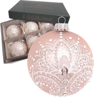 Krebs Glas Lauscha Weihnachtsdekoration/Christbaumschmuck aus Glas - Kugeln Stickerei Wei&szlig; - Farbe: Pink/Rosa Satin - Menge: 6 St&uuml;ck - Gr&ouml;&szlig;e: ca. 8 cm