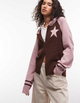 Daisy Street Gilet ajust&eacute; &agrave; fermeture &eacute;clair avec motif &eacute;toile - Marron et rose-multicolore