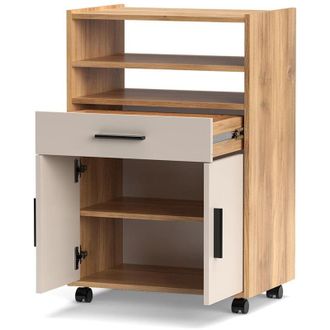 PEGANE Meuble dappoint de cuisine &agrave; roulettes avec &eacute;tag&egrave;res, 1 tiroir et armoire &agrave; 2 portes coloris Beige/ch&ecirc;ne Mauvella - Longueur 59 x Hauteur 92 x