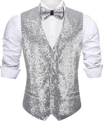 Barry.Wang Herren-Pailletten-Weste-Set, V-Ausschnitt, gl&auml;nzende Weste, Fliege, Set, Abschlussball, Party, Smoking, Hochzeit, f&uuml;r Herren, Kleid, Anzugweste, S-3XL