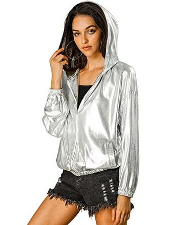 Allegra K Veste métallique à capuche holographique brillante à manches longues et fermeture éclair pour femme, Argenté., XXL