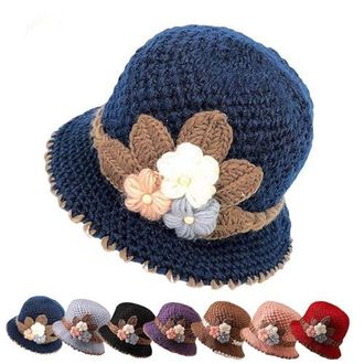 Generic Chapeau de laine tricot&eacute; &agrave; fleurs pour femme, chapeau en laine tricot&eacute;e &agrave; fleurs pour femmes, chapeaux mignons pour femmes, bleu marine, Taille unique