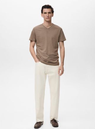 Mango T-shirt col en V marron - Homme - XS - MANGO MAN