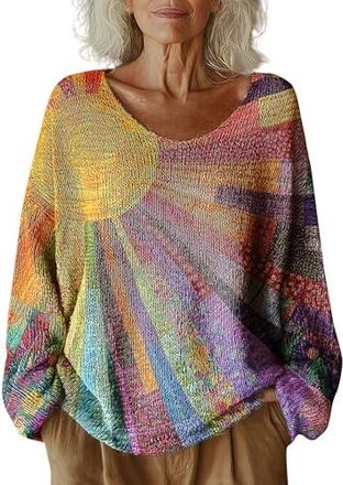 Generic Hauts pour femme - Vintage - Col rond - Pull en tricot - Chemisier bohème décontracté - T-shirt à manches longues - Imprimé floral - Confortable - Hau