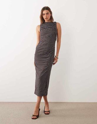 Ghospell Robe &agrave; pois mi-longue pr&egrave;s du corps en tulle effet superpos&eacute; avec d&eacute;tails fronc&eacute;s - Marron