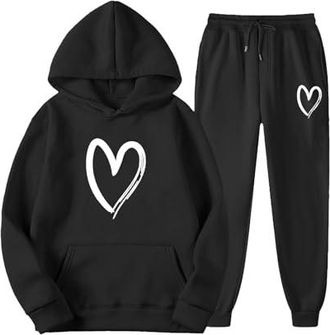 Generic Ensemble de sweat-shirt &agrave; capuche dhiver pour femmes, surv&ecirc;tement d&eacute;contract&eacute; ample de couleur unie avec coeur et velours (Black, XL)