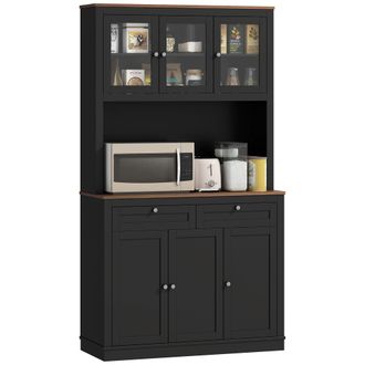 HOMCOM K&uuml;chenschrank, K&uuml;chenschrank, mit 3 Glast&uuml;ren, offene Arbeitsplatte f&uuml;r Mikrowelle, 2 Schubladen und verstellbare Einlegeb&ouml;den, 100x40x180 cm, Schwarz