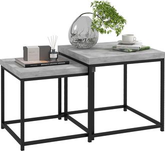 HOMCOM Set aus 2 Beistelltischen Quadratische Couchtische Wohnzimmertische Stahlrahmen und graue Holzplatten