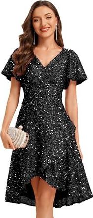Ever-pretty Robe de Soir&eacute;e Femme en Paillettes Court V Col Manches Volantes Asym&eacute;trique Noir 38