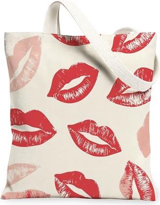 Generic Sac fourre-tout en toile avec imprim&eacute; l&egrave;vres, motif l&egrave;vres de baiser, r&eacute;utilisables, amusants, floraux, l&eacute;gers, lavables pour le shopping, les voyages