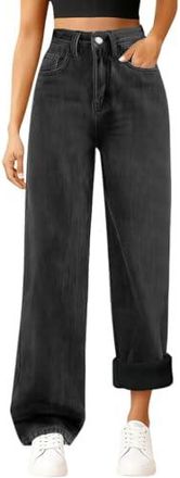Minetom Jean Doubl&eacute; Polaire Femme Taille Haute Pants en Denim Thermique Hiver Chaud &Agrave; Jambes Larges Fourr&eacute; Ample D&eacute;contract&eacute; Trousers C Noir M