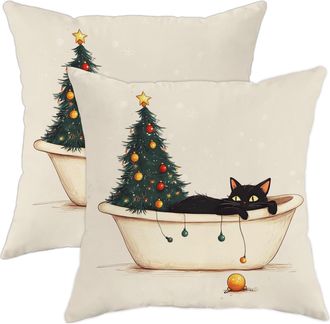 Generic Weihnachts-Kissenbez&uuml;ge mit Katze, Badewannenkissen, Winterurlaub, Weihnachtsdekoration, weicher Samt-Kissenbezug f&uuml;r Zuhause, Sofa, Schlafzimmer, Woh