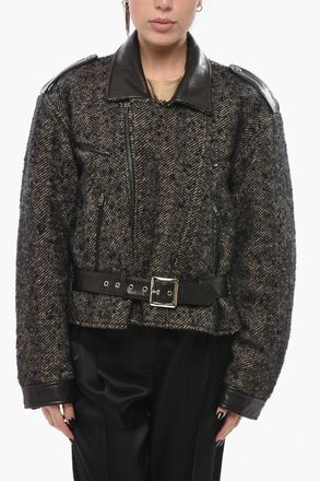 R13 Biker-Mantel aus Tweed mit Lederdetails R13