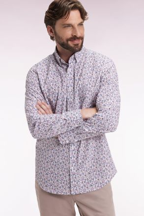 Eden Park Chemise En Coton Beige &Agrave; Micro-motifs Fleurs Coupe Droite