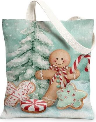 Generic Sacs fourre-tout en toile de pain d&eacute;pice de No&euml;l, motif biscuits festifs, sacs r&eacute;utilisables, r&eacute;tro, l&eacute;gers, lavables pour les voyages, menthe, 13x15 