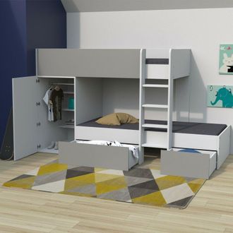 Les Tendances Les Tendances - Lit superposé twin 90x190 avec armoire et tiroirs + 2 sommiers / Blanc et Gris