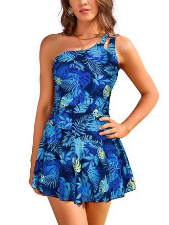 SHEKINI Badeanzug Damen Badekleid Abdomen Kontrolle Bademode Damen Große Größe One Shoulder Badekleid Damen Bauchweg(XL, Blaues Blatt)