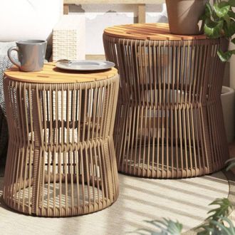 vidaXL Garten-Beistelltische 2 Stk. mit Holzplatte Beige Poly Rattan Vidaxl