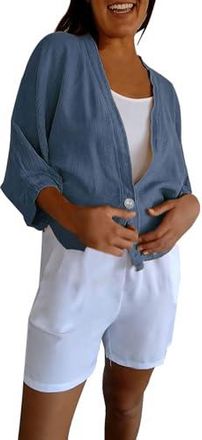 Generic Veste décontractée pour femme, style rétro artistique, grande taille, courte, ample, décontractée, deux boutons, petite Veste Femme Longue Jeans Coupe