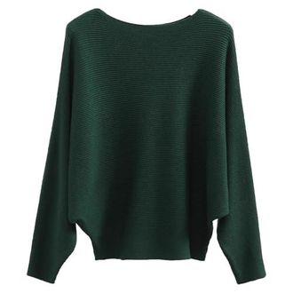 Generic Pull tricot&eacute; &agrave; manches chauve-souris et col bateau pour femme, pull tricot&eacute; &agrave; manches chauve-souris Dolman, vert fonc&eacute;, Taille unique