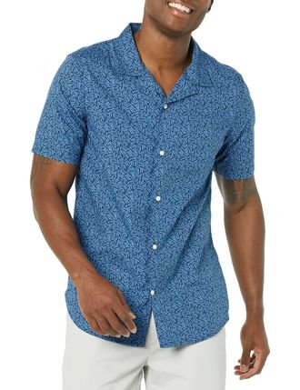Amazon Essentials Herren Urlaubshemd Aus Baumwolle, Kurzärmelig Und Schmal Geschnitten, Marineblau Palmwedelaufdruck, XXL