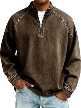 Generic Sweat-shirt pour homme sans capuche - Demi-fermeture &eacute;clair - Coupe droite - Pull en tricot &agrave; manches longues - Col montant - Coupe ajust&eacute;e - Tissu de