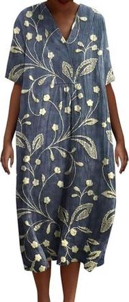 Generic Robe dété longue pour femme - Légères et aérées - Robe maxi plissée - Grandes tailles - T-shirt ample - Col en V - Demi-manches - Robe en lin - Élégan