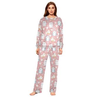 Alaza Ensemble de pyjama en polaire pour femme, motif pattes de chats mignons, vêtements de détente deux pièces, vêtements de nuit, pyjama thermique super d